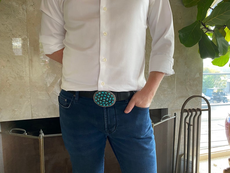 SALE Jimmy Emerson Belt Buckle 30 Kingman Turquoise Stones Navajo ...