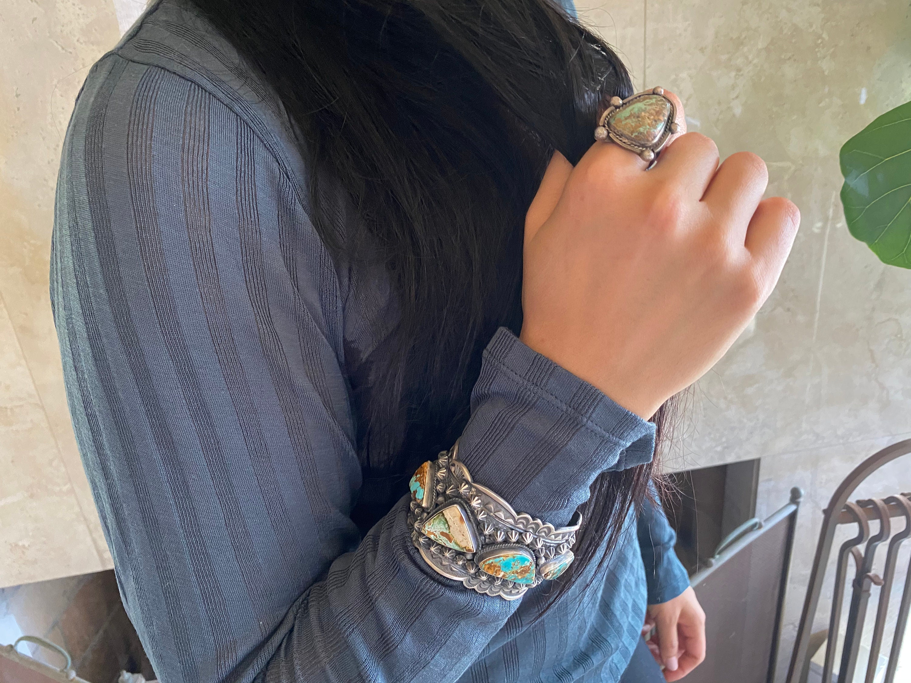 Vintage Native American Ring Silver Fox Turquoise Tri Oval Southwestern ...