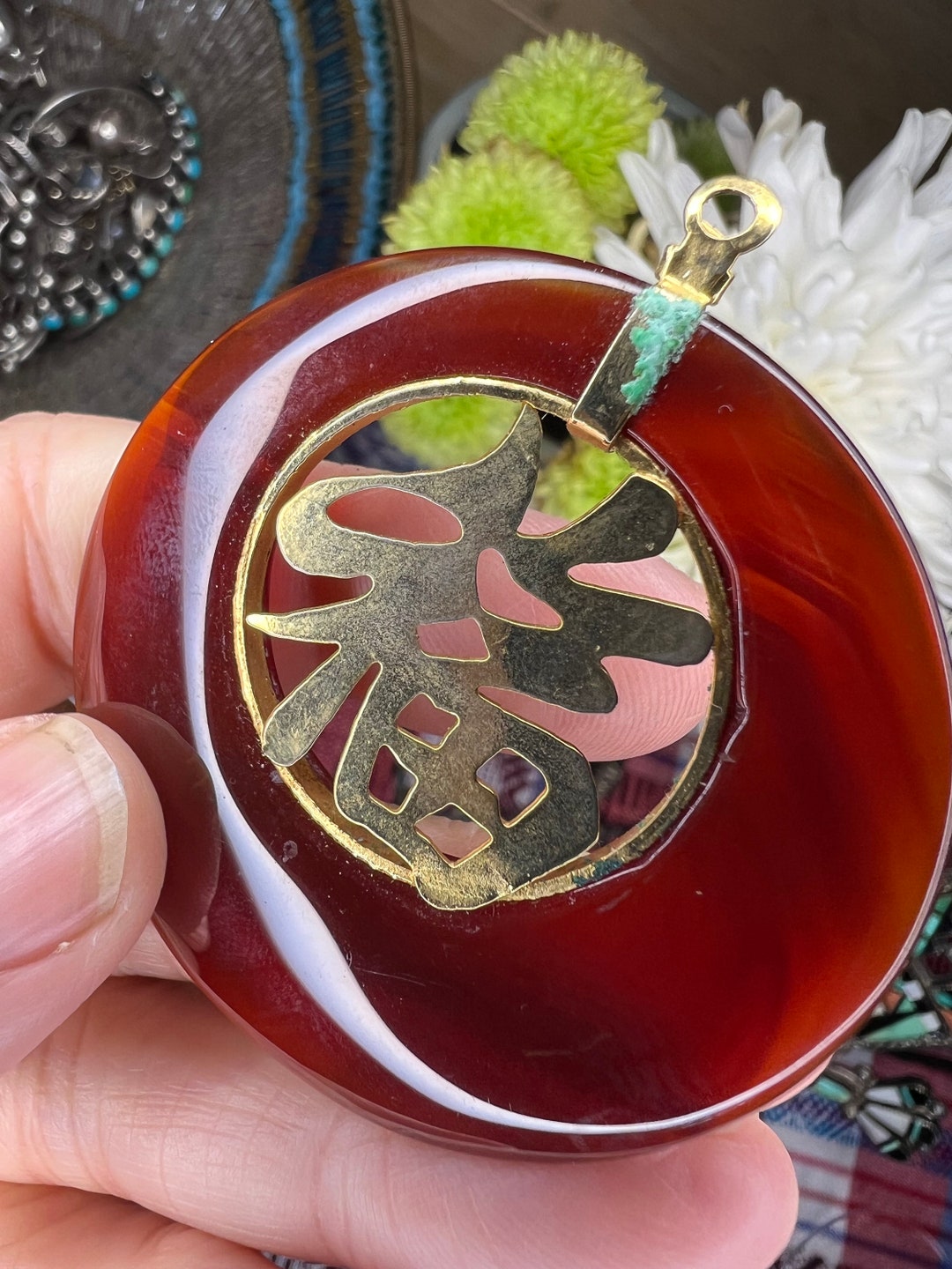 Chinese Red Jade Pendant: Gold Filigree, Asian Symbol - Etsy