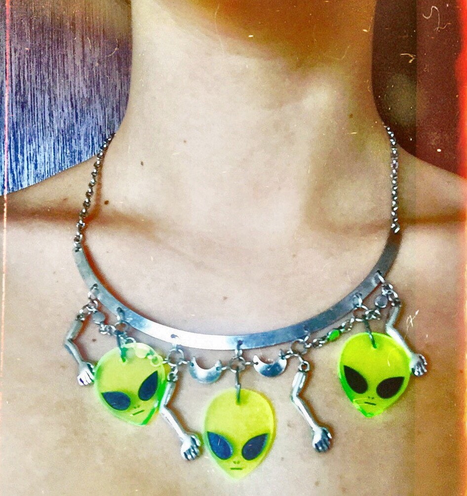 Green Plastic Alien Head Bib Style Silver Moon Charm Necklace - Etsy
