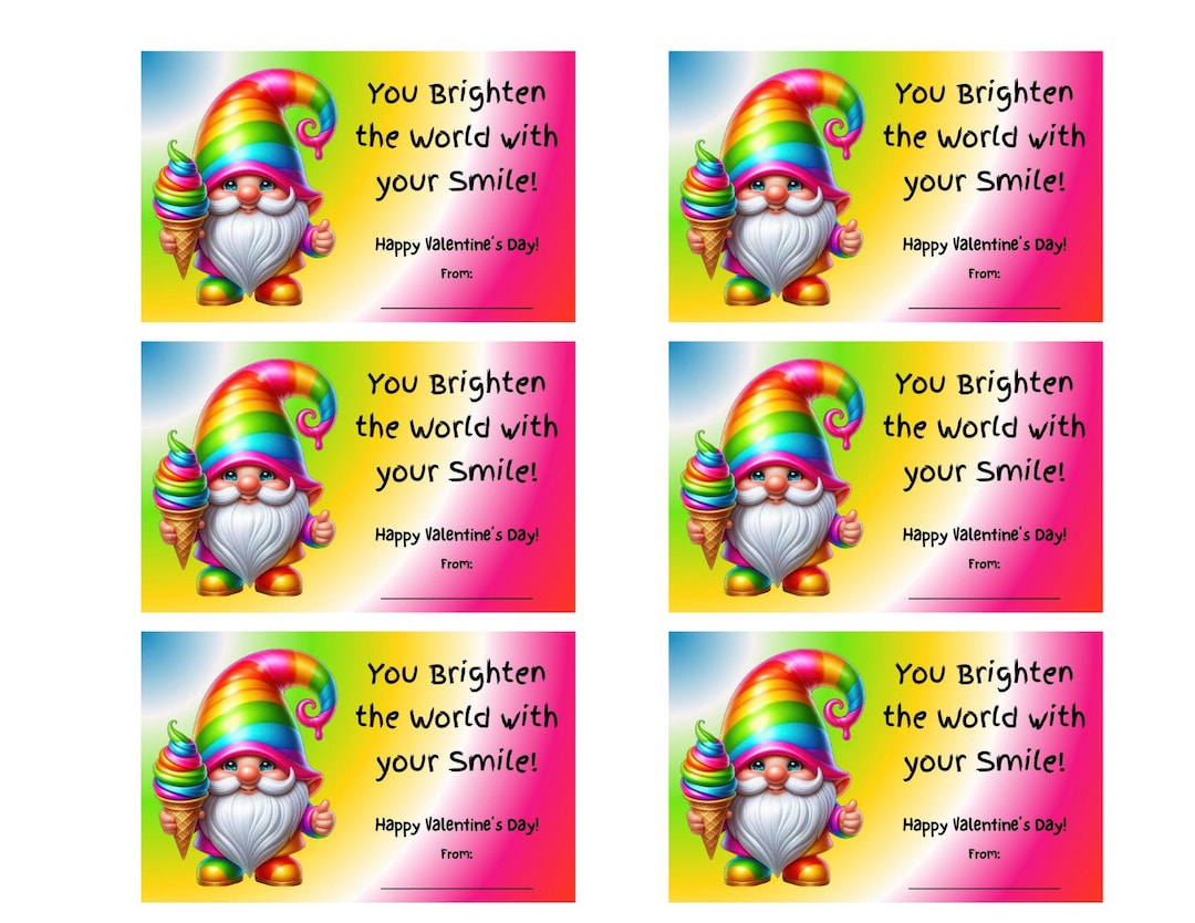 Rainbow Gnome Valentine for School Classmates 4 X 2.5 Inches Six ...