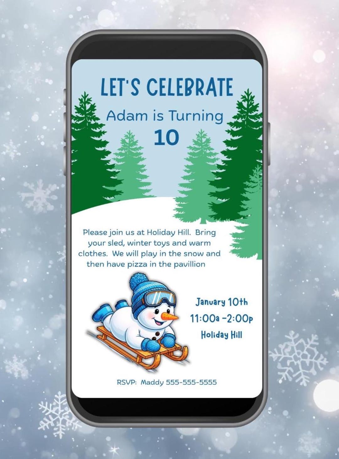 Digital Birthday Invitation Boy Snowman Sledding Winter Editable 1080 X ...