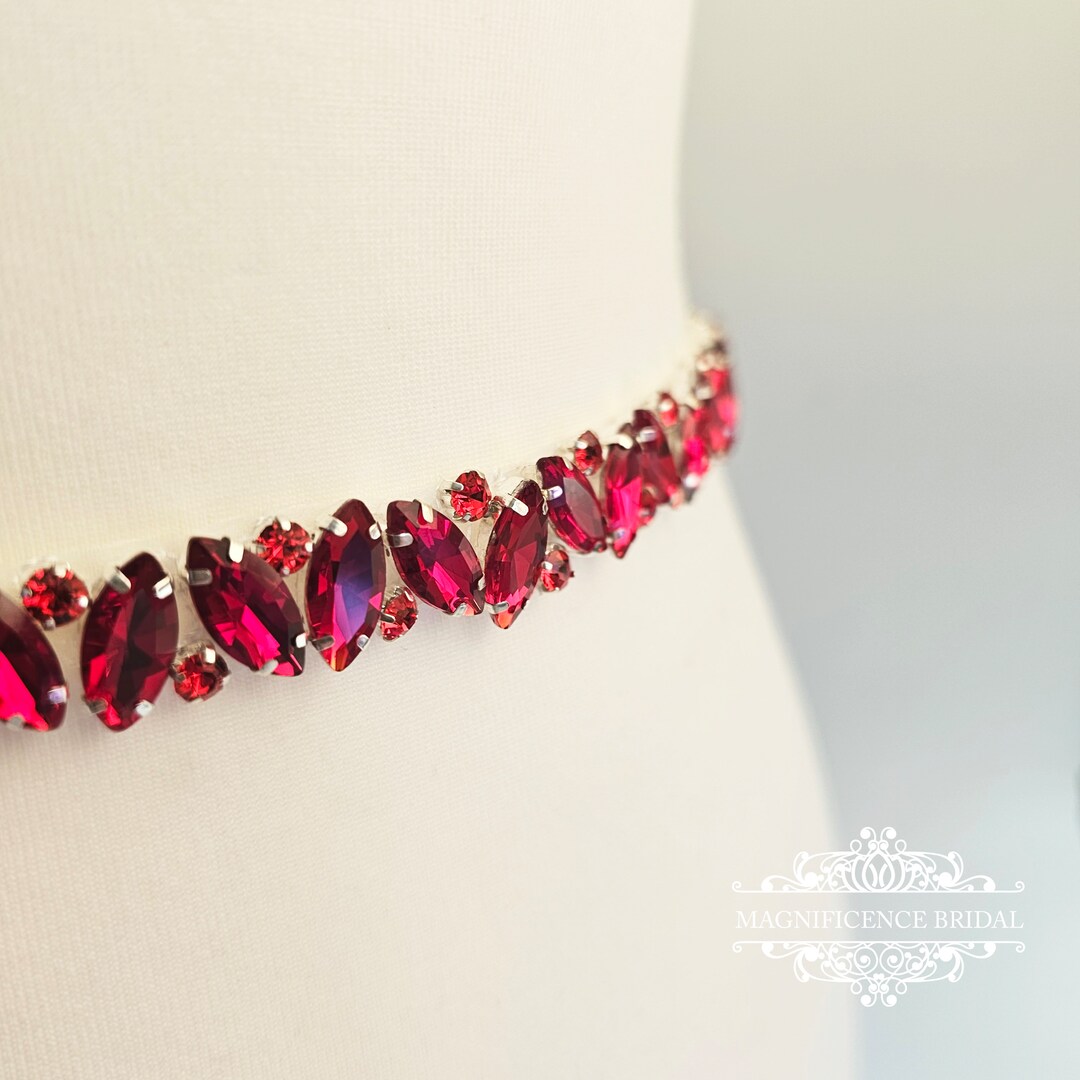 Red Thin Rhinestone Bridal Ruby Crystal Wedding Dress Sash Belt, AOIFE ...