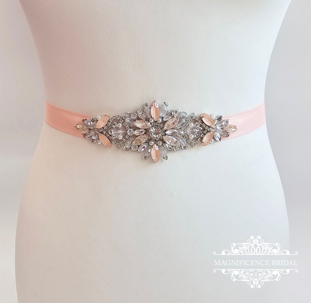 Coral Wedding Belt, Light Coral Belt, Peach Rhinestone Belt, Wedding ...