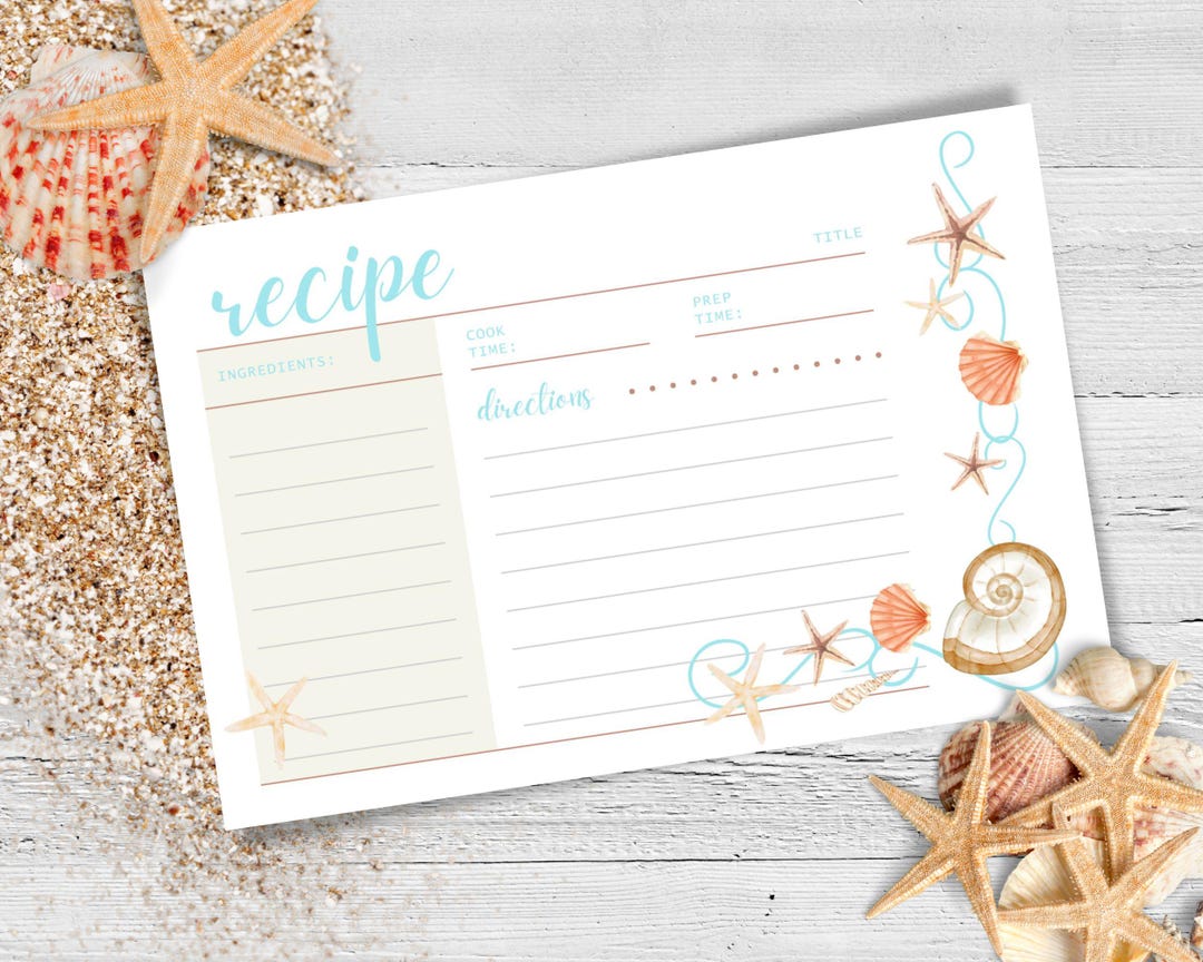 Beach Theme Recipe Cards, 4x6, Printable - Etsy