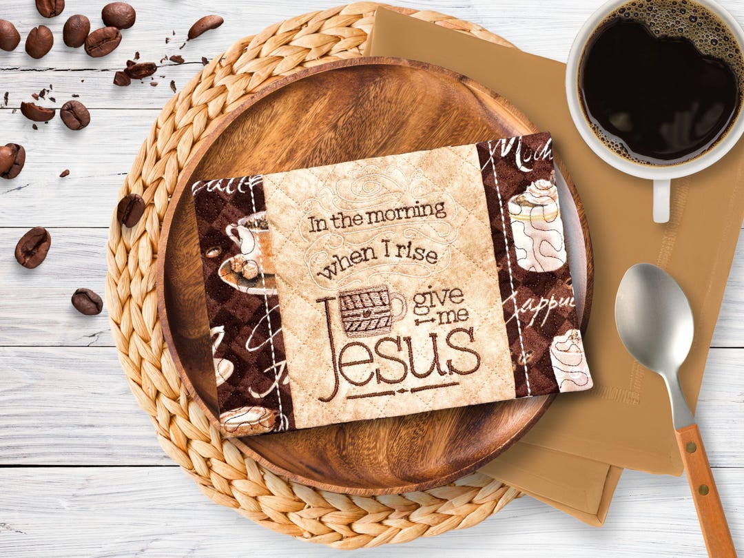 Give Me Jesus Mug Rug, Brown Coffee Print, Christian Mug Rug, Coffee ...
