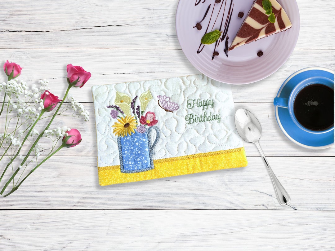 Happy Birthday Mug Rug Embroidered With Multicolored Flowers, Gift for ...