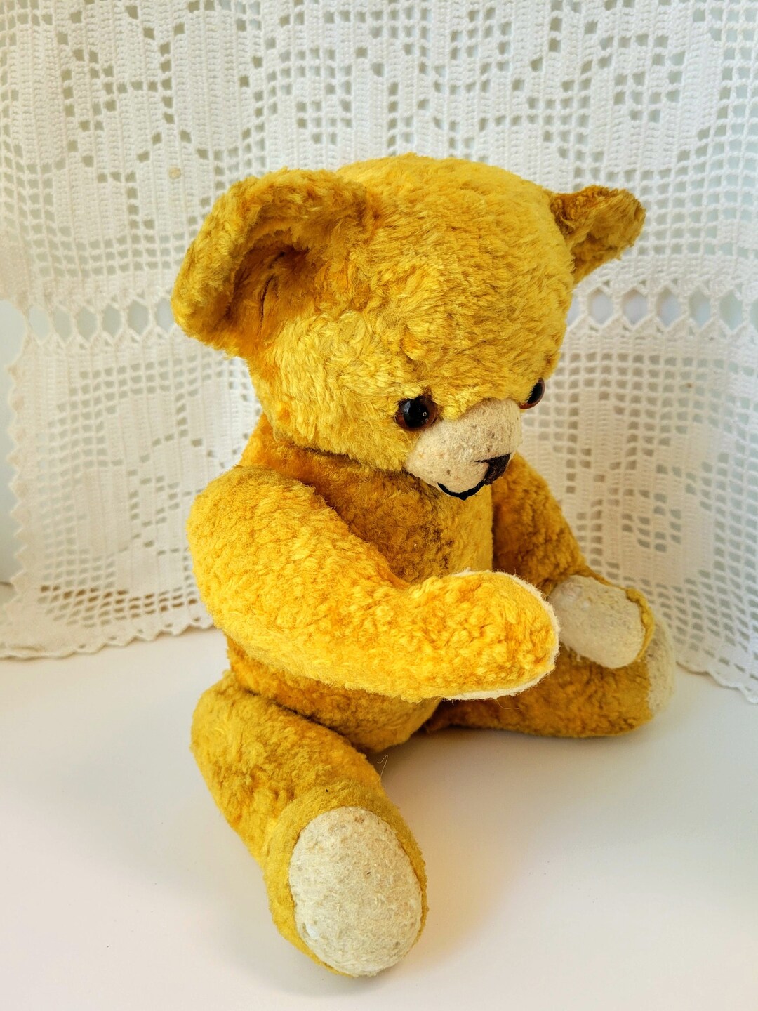 Vintage Teddy Bear, Straw-stuffed, Yellow Mohair, Glass Eyes ...