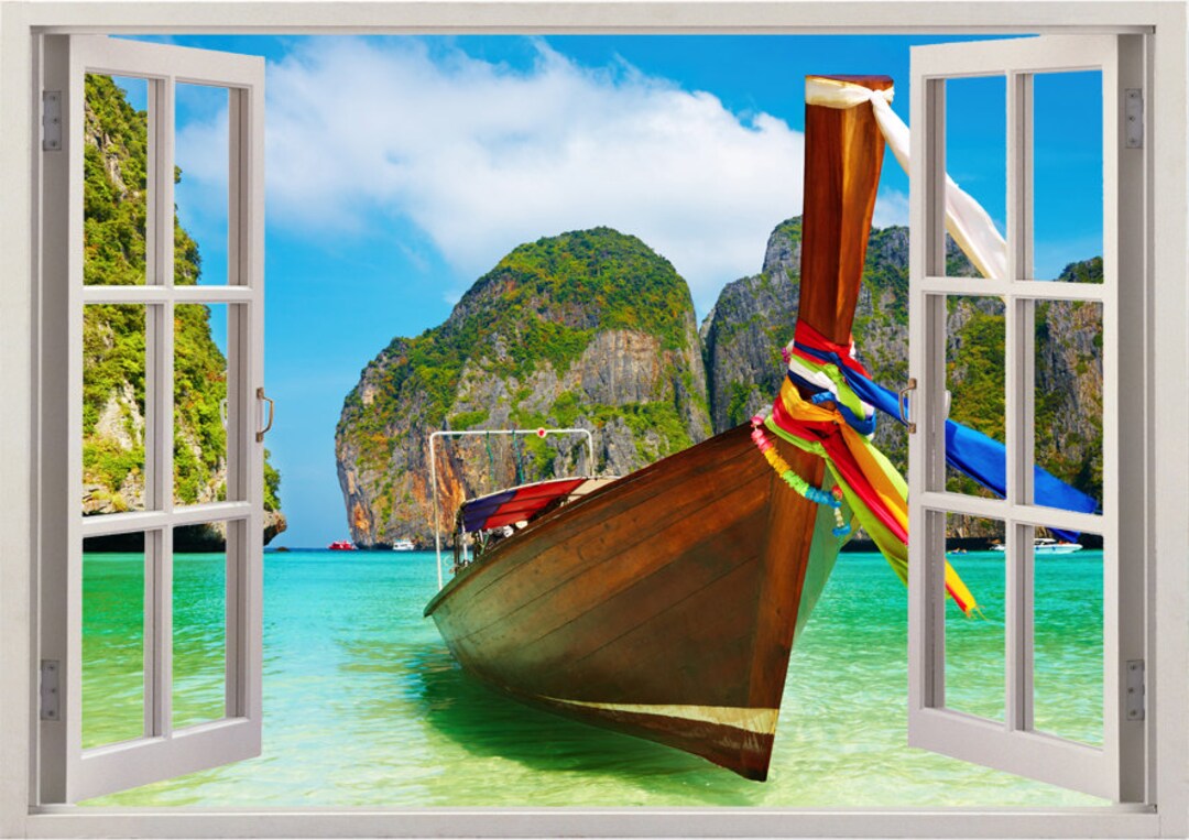 Boat Wall Sticker 3D Window, Boat Wall Decal Beach for Home Decor ...