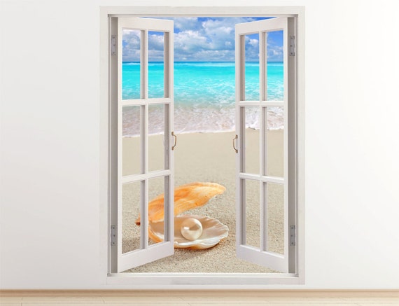 Beach wall decal vertical 3D window tropical beach wall | Etsy