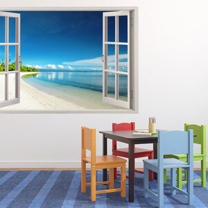 Island Beach Wall Decal 3D Window, Blue Sea White Beach Decal for Home ...