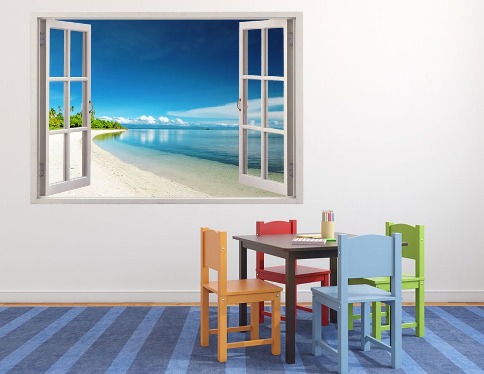 Island Beach Wall Decal 3D Window Blue Sea White Beach Decal | Etsy