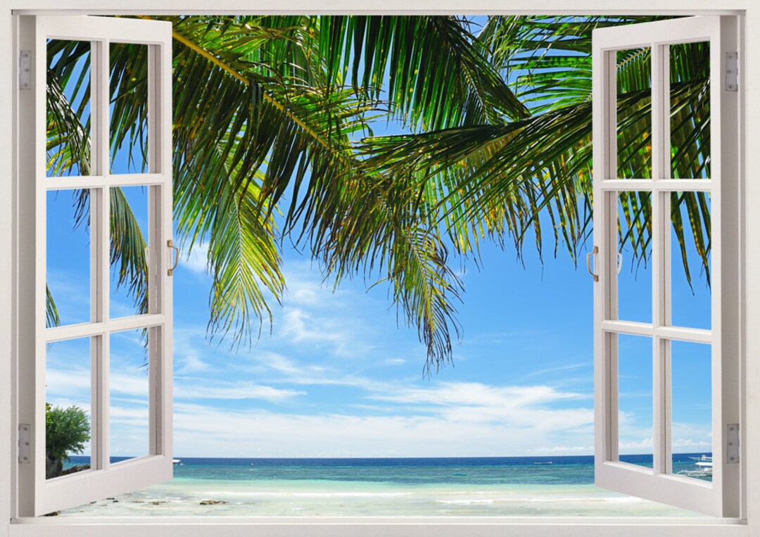 Beautiful Beach Wall Decal 3D Window, Island Beach Wall Decals Palm ...