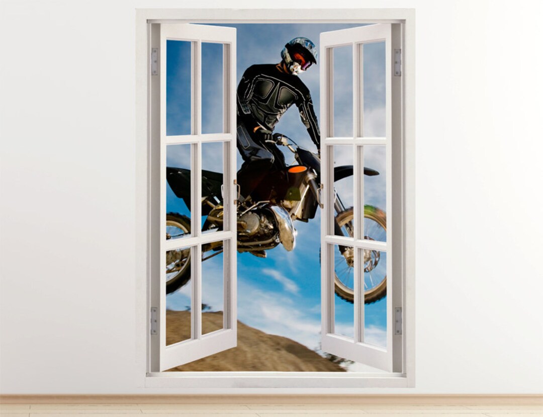 Motocross Racer Wall Decal Vertical 3D Window, Motorcycle Wall Sticker ...