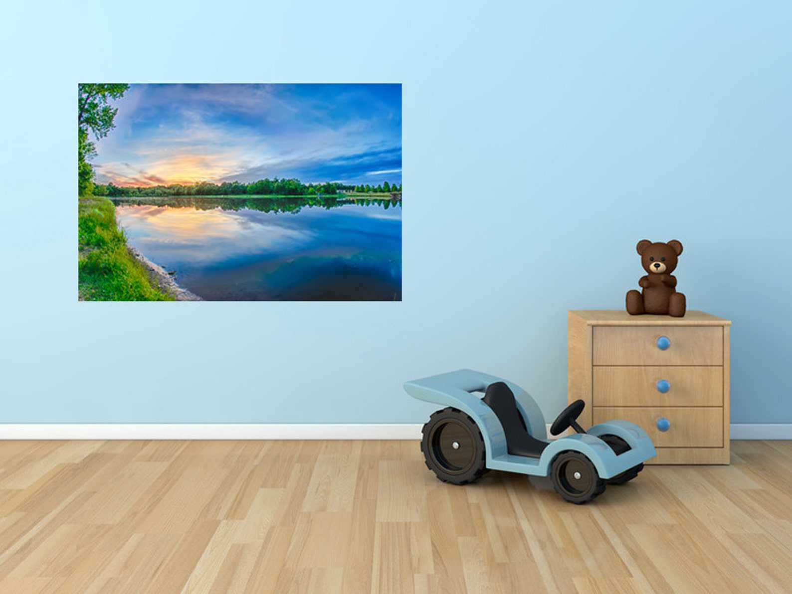 Sunset over lake wall decal yellow sunset reflective over | Etsy