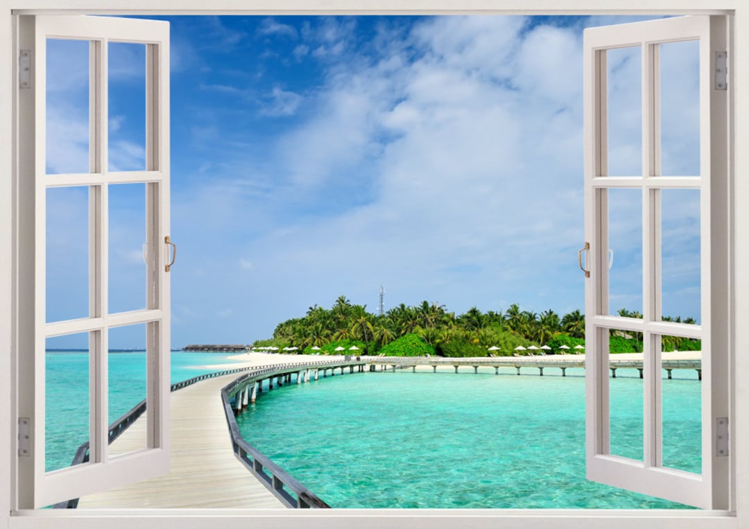 Tropical Beach Wall Decal 3D Window, Beach Wall Decal Tree Decor ...