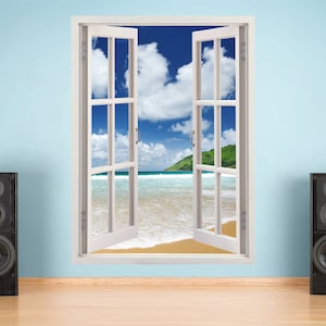 Beautiful Beach Wall Decal Vertical 3D Window, Beach Wall Sticker ...