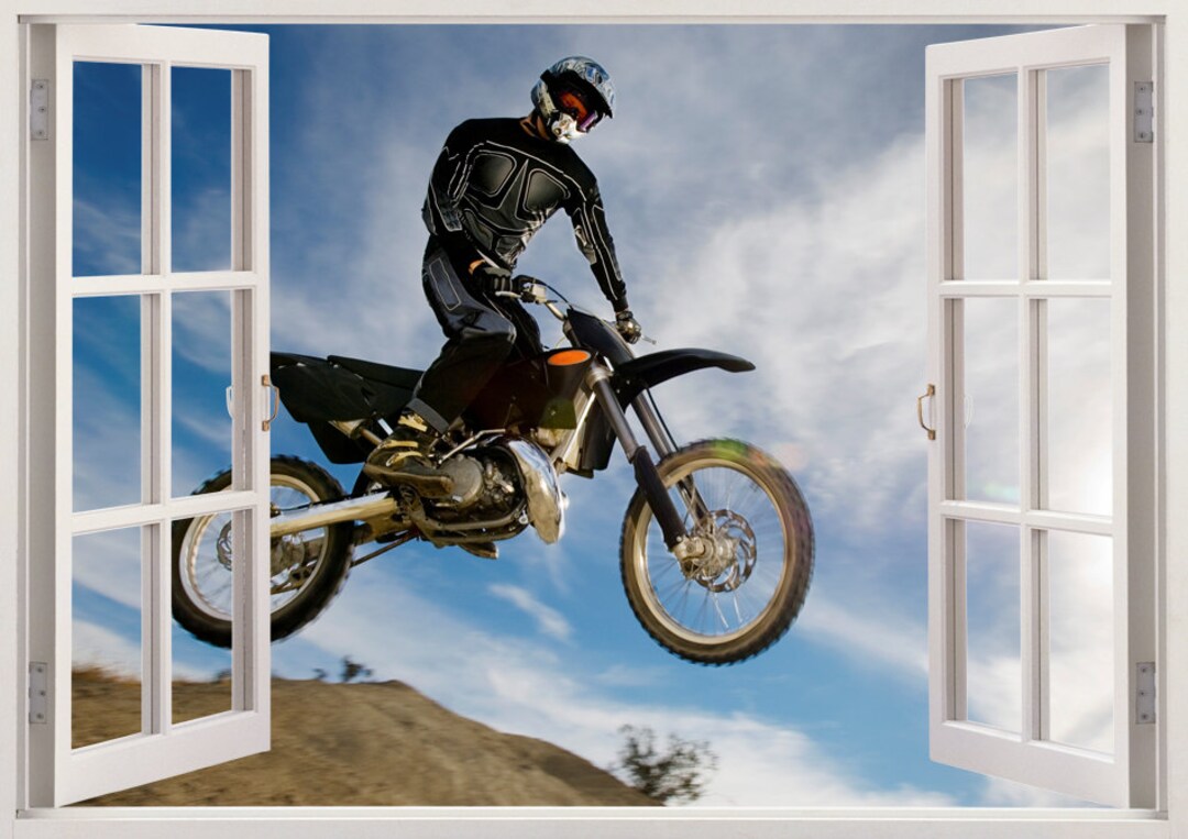 Motocross Racer Wall Decal 3D Window, Motorcycle Wall Sticker for Kids ...