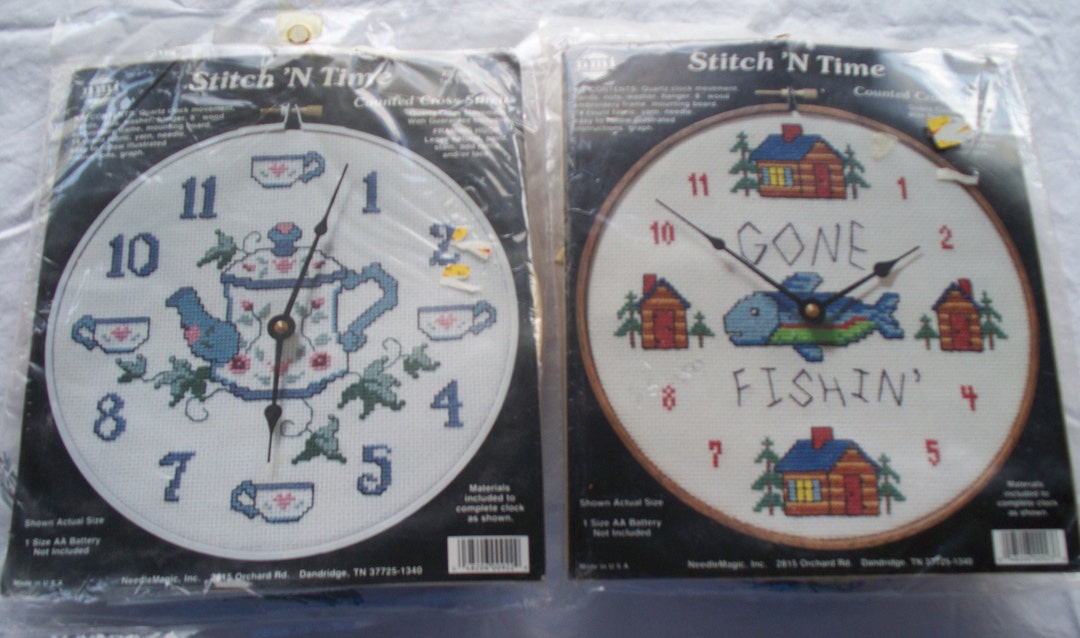 Clock Counted Cross Stitch Kits, Gone Fishin' and Tea Time, Stitch 'N ...