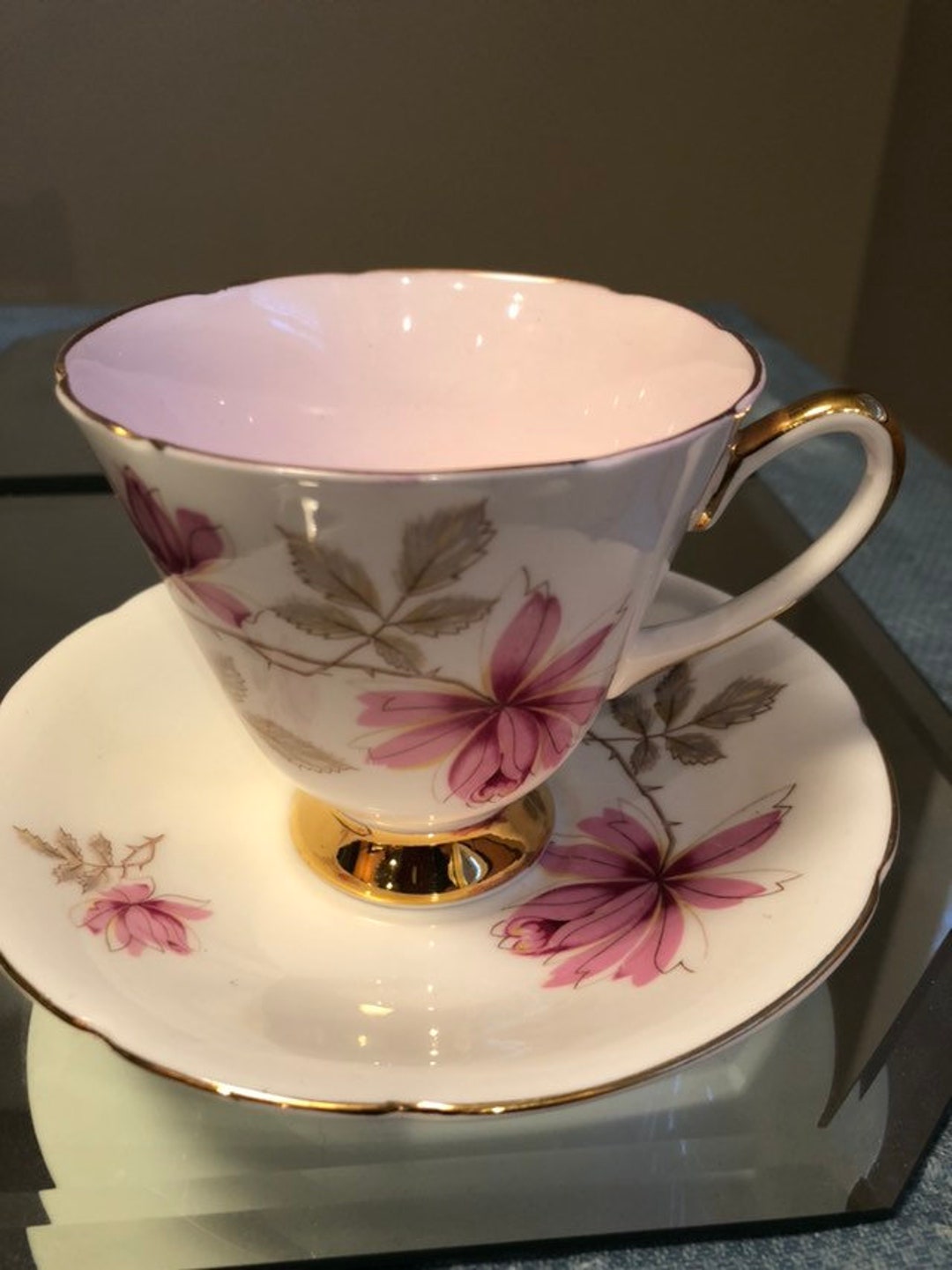 Old Royal Tea Cup and Saucer Set Bone China England Footed Pink & White ...