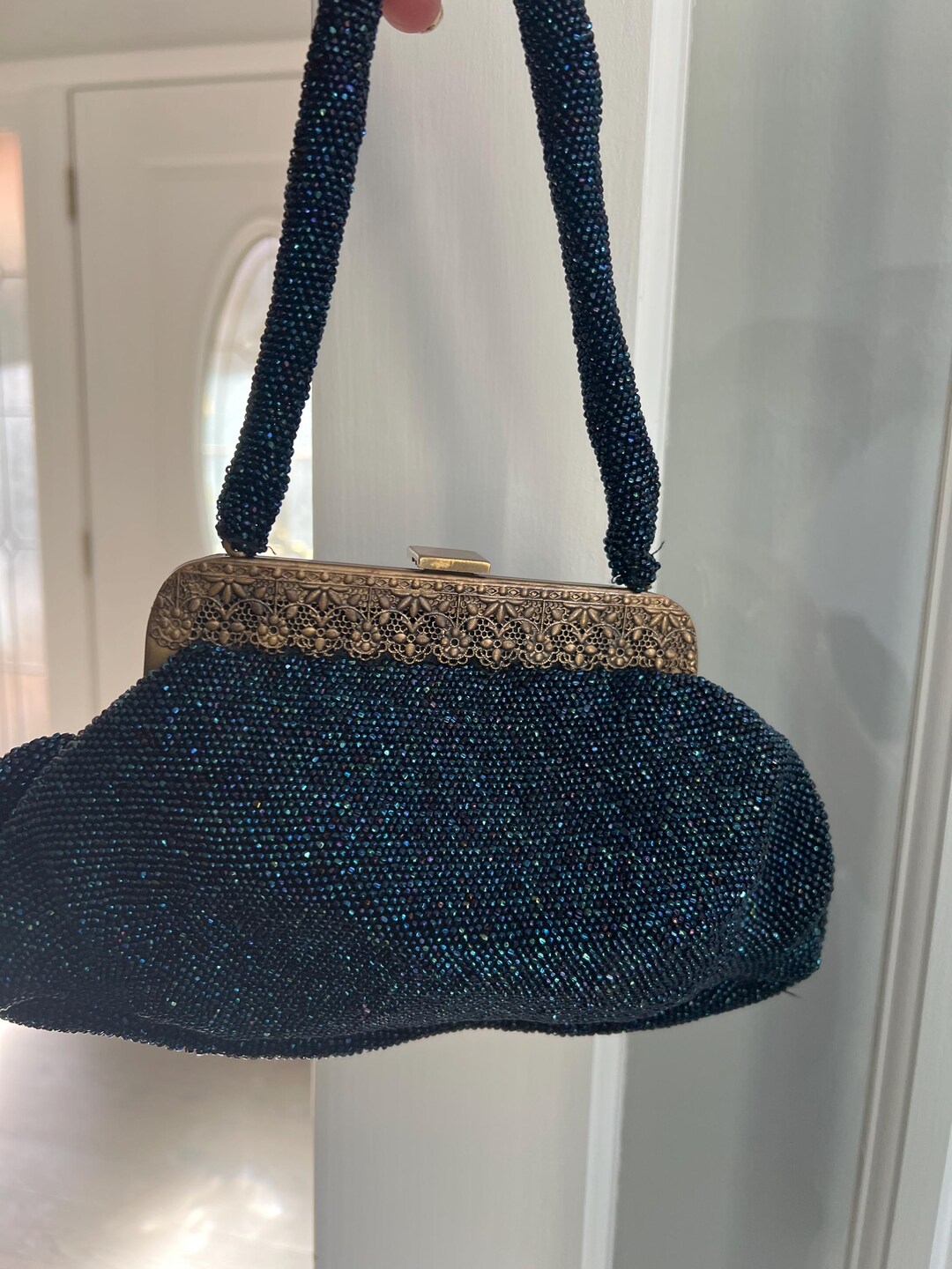 Midnight Blue Iridescent Beaded Top Handle Evening Bag - 1940's - Etsy