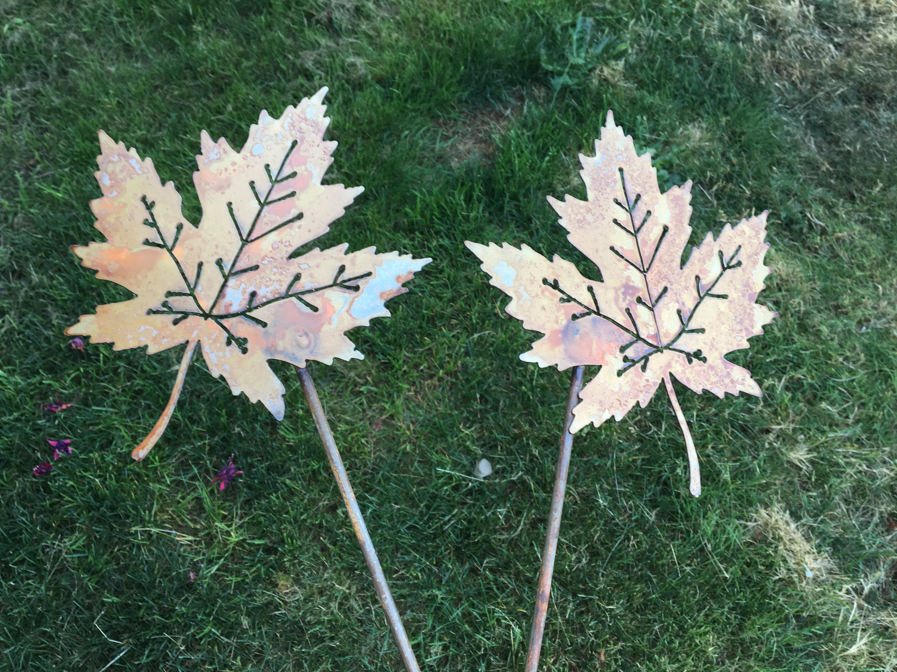 8 Metal Leaves Garden Stakes Rustic | Etsy