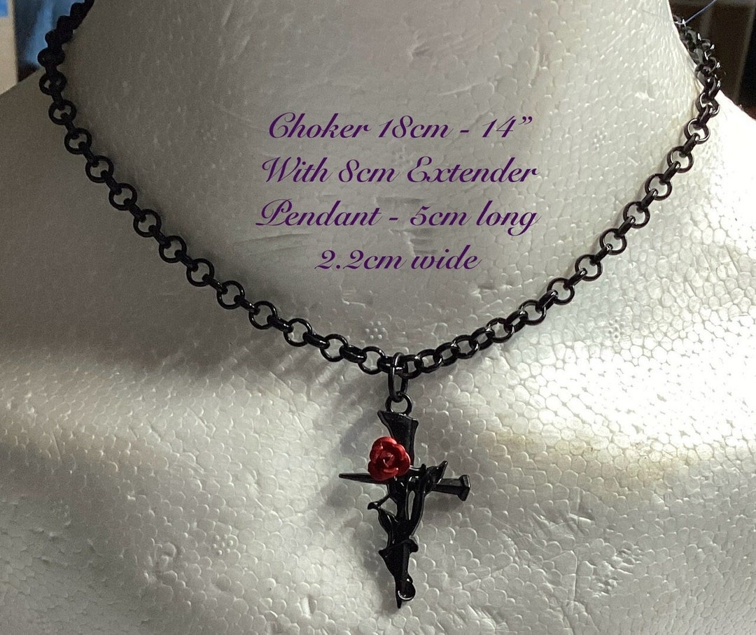 Black Gothic Choker Necklace Black Thorn & Nail Cross With a Red Enamel ...
