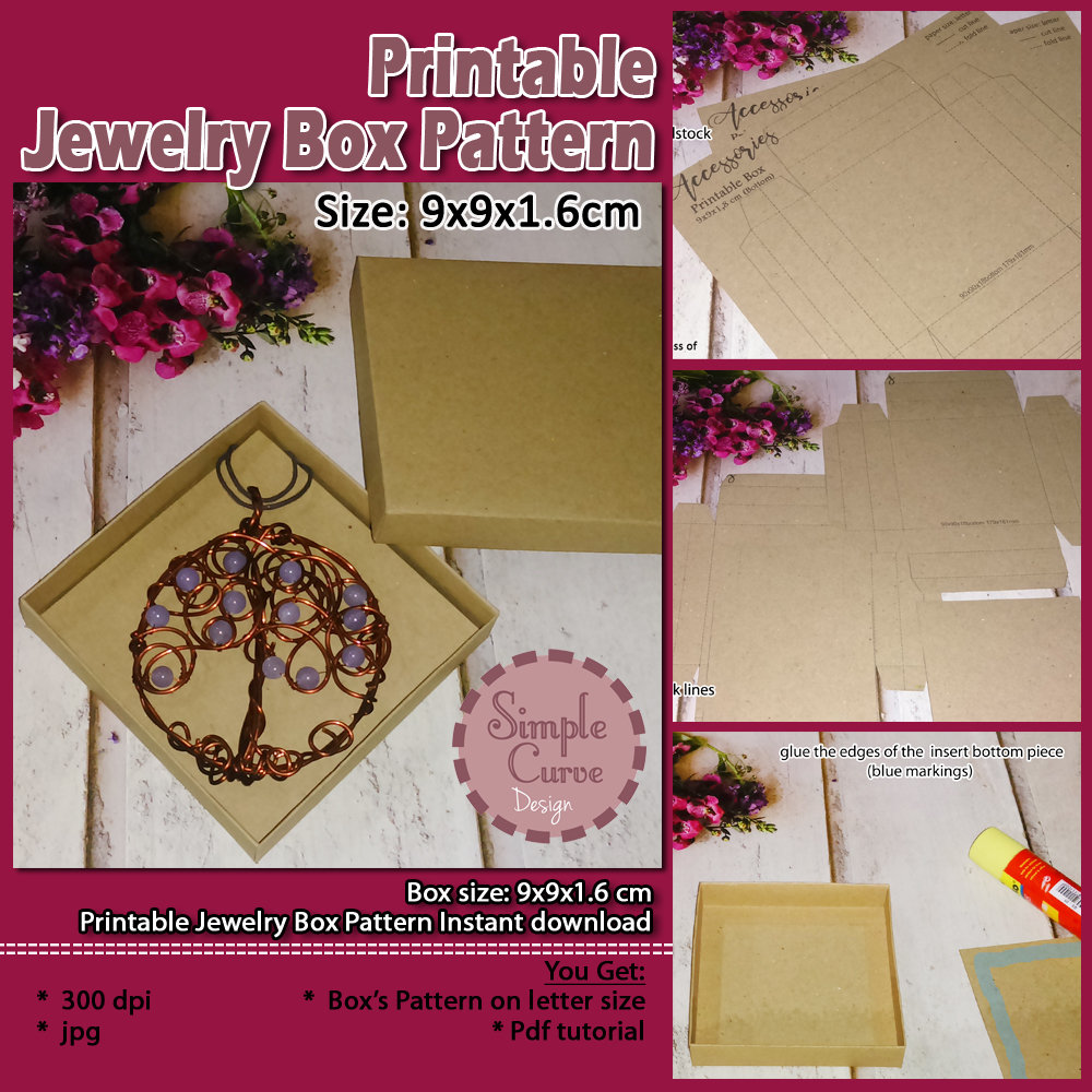 Printable Jewelry Box Pattern 9cm X 9cm X 1,6 Cm / Box Template / Paper ...