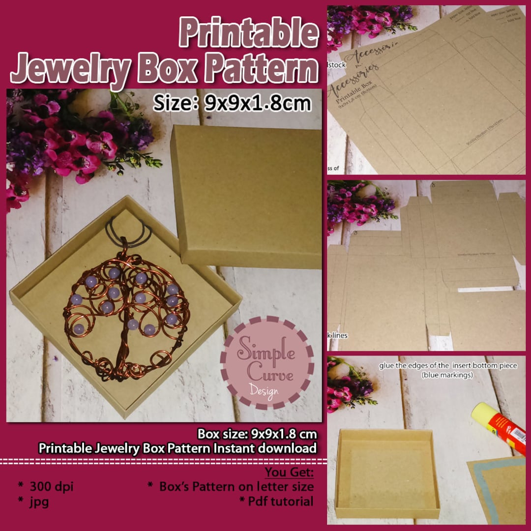 Printable Jewelry Box Pattern 9cm X 9cm X 1,8 Cm / Box Template / Paper ...