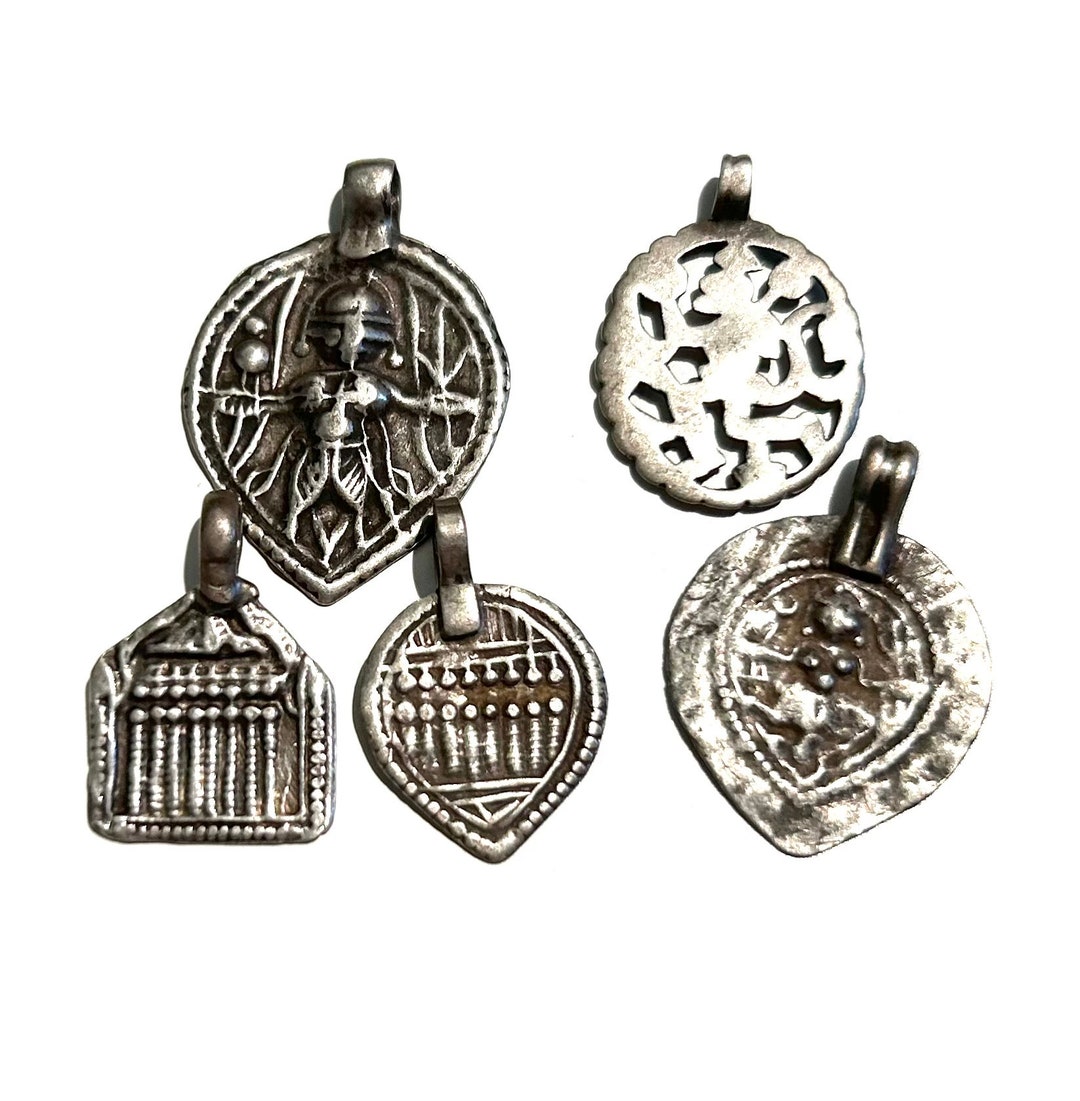 5 Piece Antique Silver Goddess Pendants: Rajasthani Indian Charms - Etsy