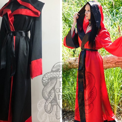 Satin Black Red Robe Ritual Robe Long Hooded Robe Monk | Etsy