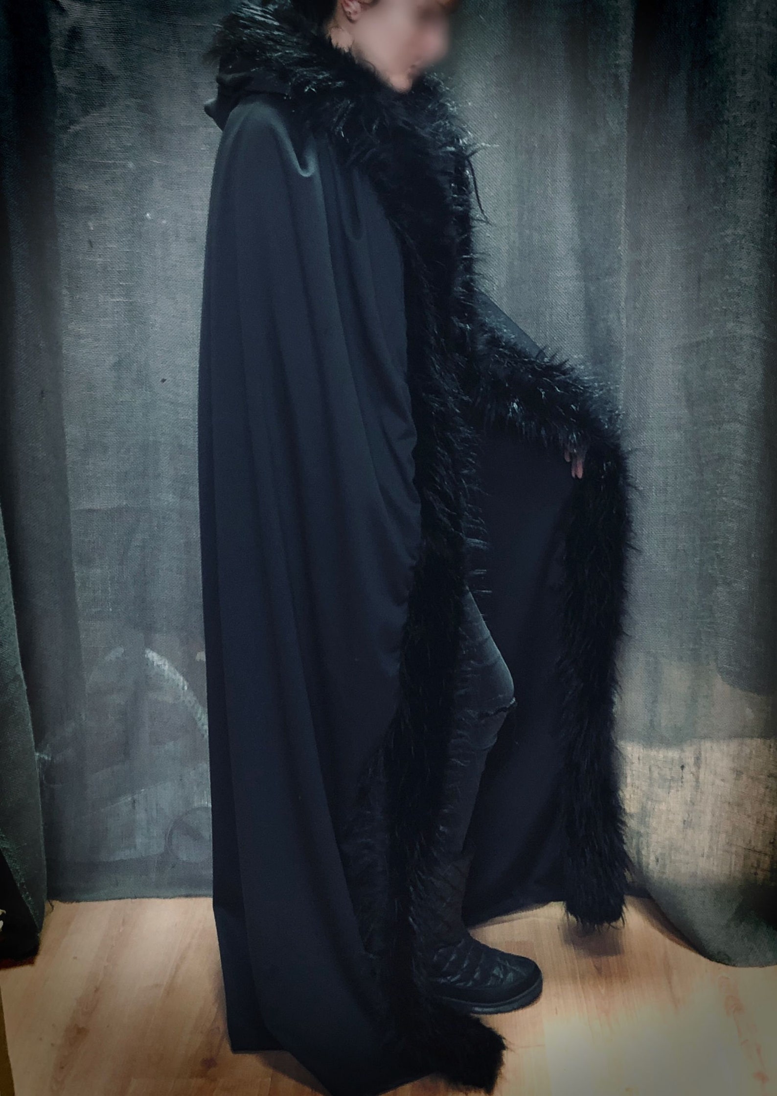 Black Hooded Cloak Black Hooded Coat With Faux Fur Halloween - Etsy