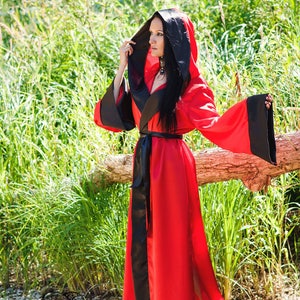 Satin Black Red Robe, Ritual Robe, Long Hooded Robe, Monk Robe, Magical ...