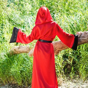 Satin Black Red Robe, Ritual Robe, Long Hooded Robe, Monk Robe, Magical ...