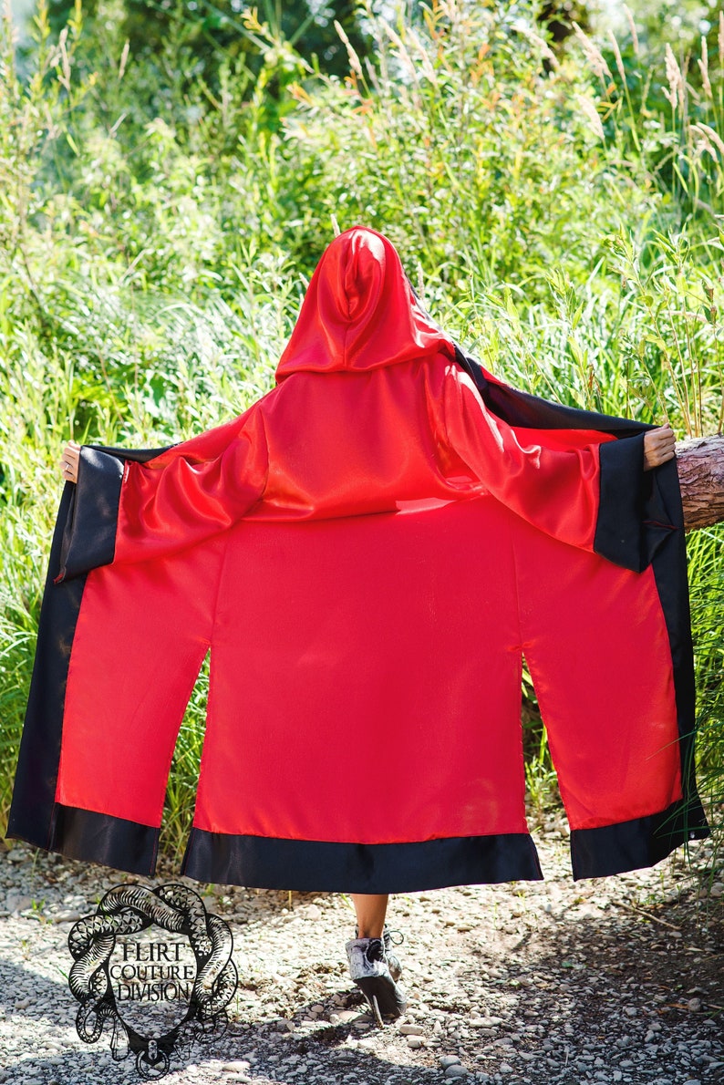 Satin Black Red Robe, Ritual Robe, Long Hooded Robe, Monk Robe, Magical ...