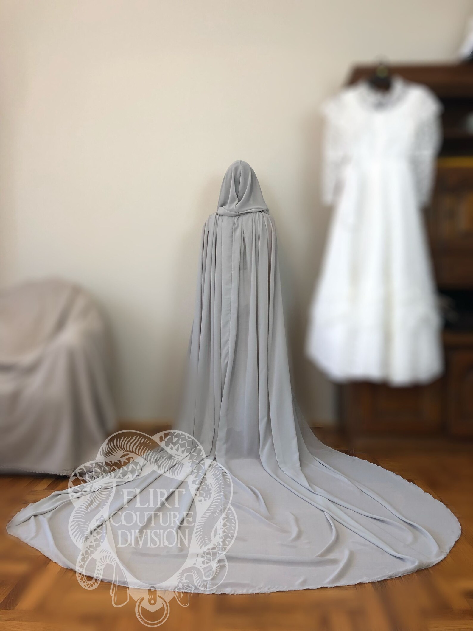 White Chiffon Hooded Cape, Royal Length Cape, Ethereal Bridal Cloak ...