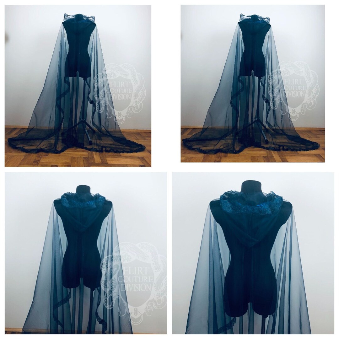 Navy Blue Tulle Hooded Cape, Rose Edged Lace Scalloping, Lace Cape ...
