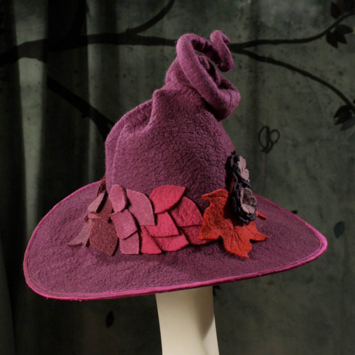 Fancy Purple Witch Hat With Leaves and Curly Point Hand | Etsy