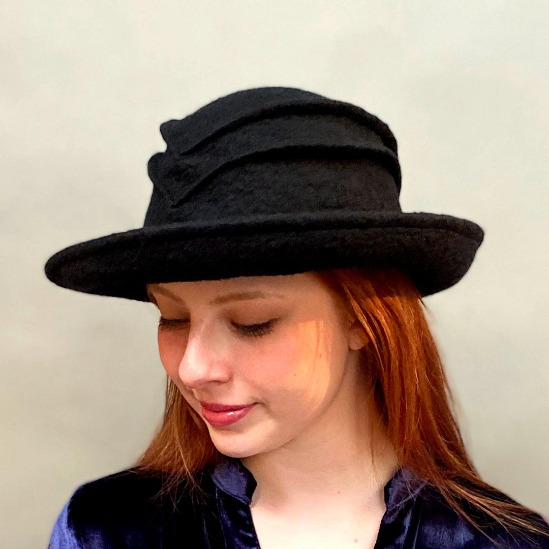 Black Breton Brimmed Hat W/double Pintuck Crown - Hand Felted Wool - Etsy