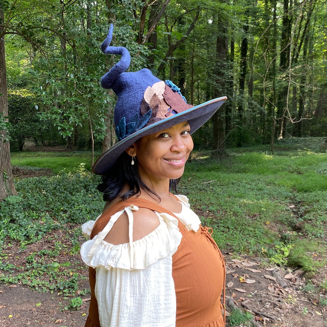 Fancy Navy Blue Witch Hat With Leaves and Curly Point - Hand Felted ...