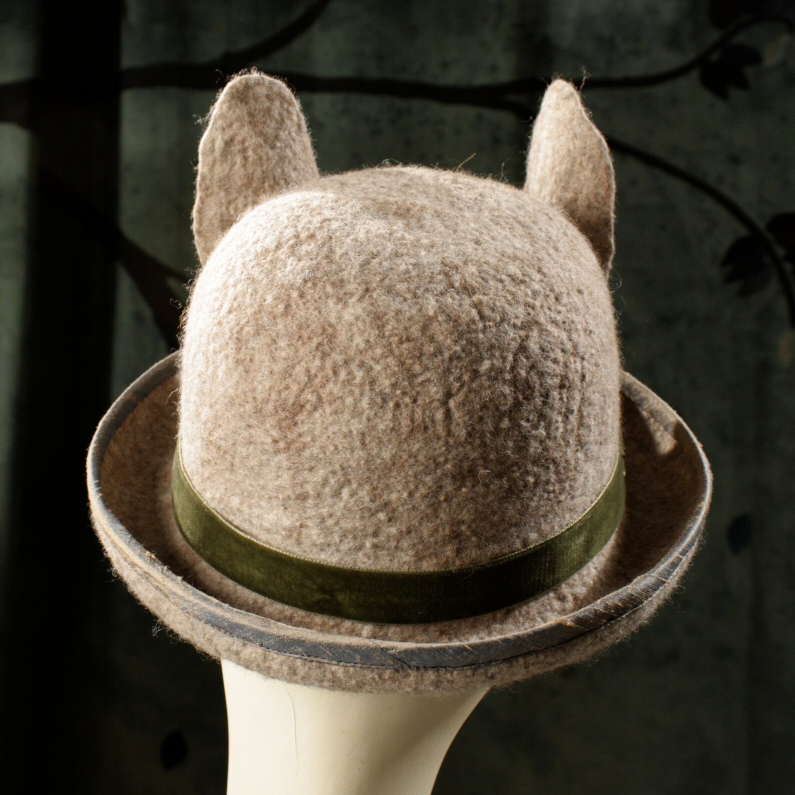 Bowler or Derby Hat in Taupe With Bunny Ears Hand Felted | Etsy