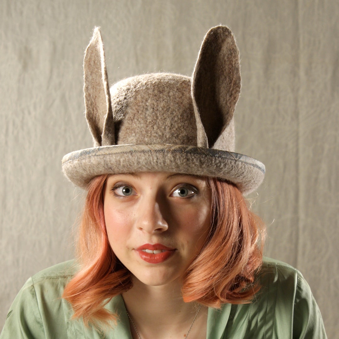 Bowler or Derby Hat in Taupe With Bunny Ears - Hand Felted Merino Wool ...