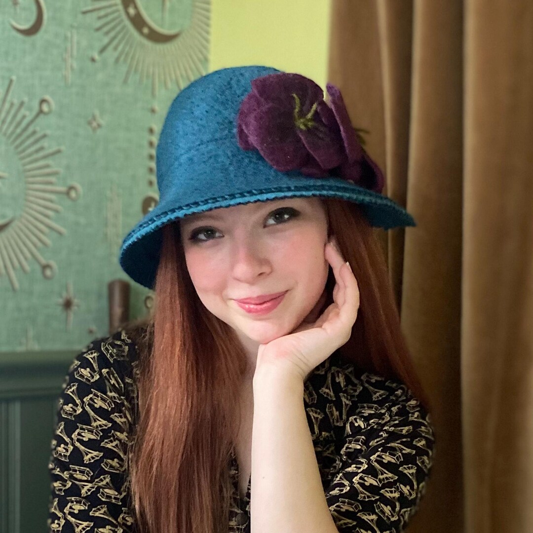 Dark Teal Brimmed Bonnet Style Cloche Hat W/removable Flowers - Hand ...
