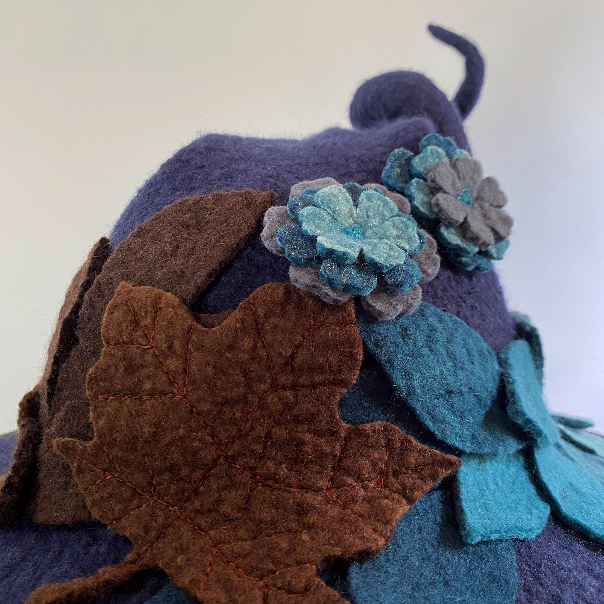 Fancy Navy Blue Witch Hat With Leaves and Curly Point - Hand Felted ...