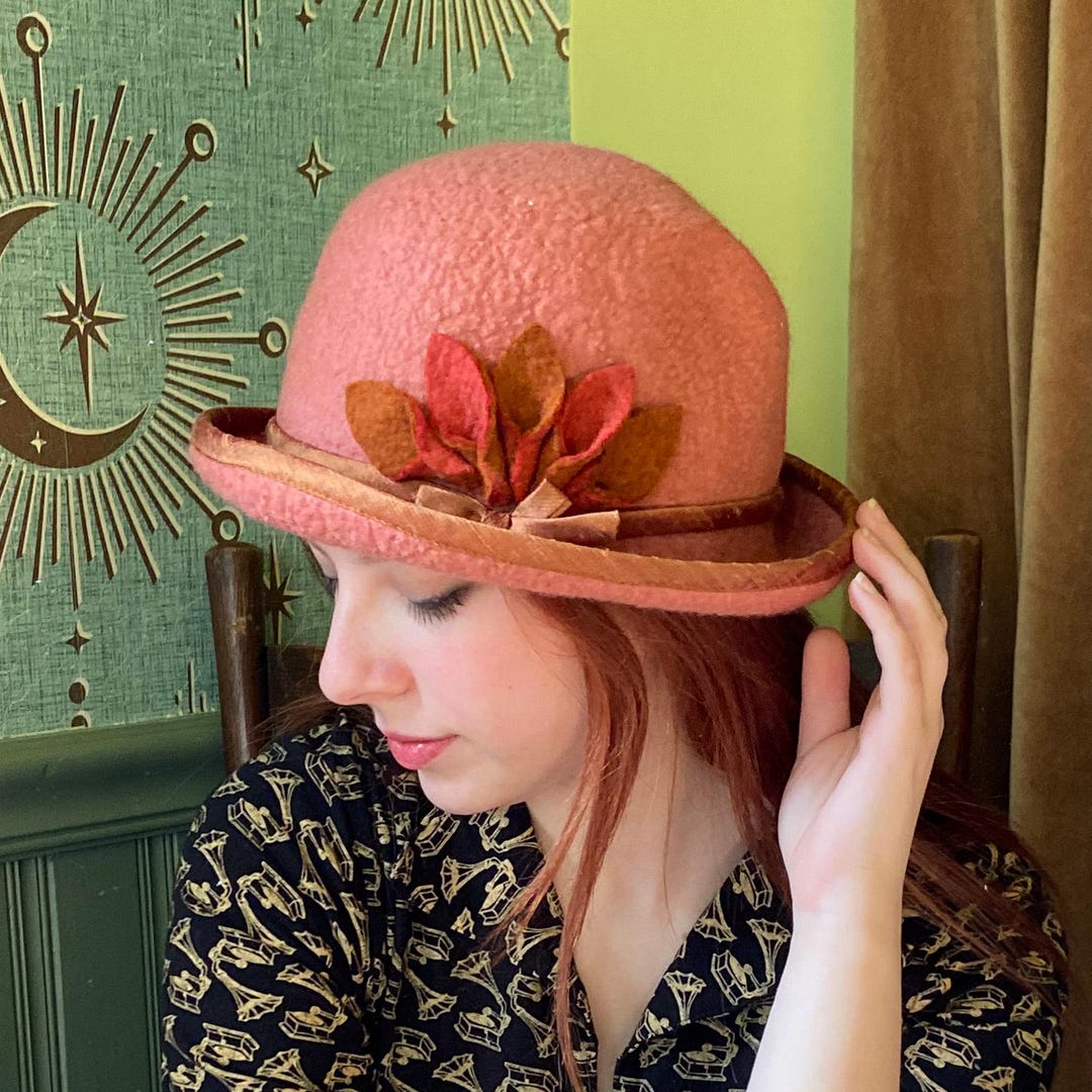 Coral Pink Asymmetrical Derby Hat With Seedpod, Leaf, Flowers on Side ...