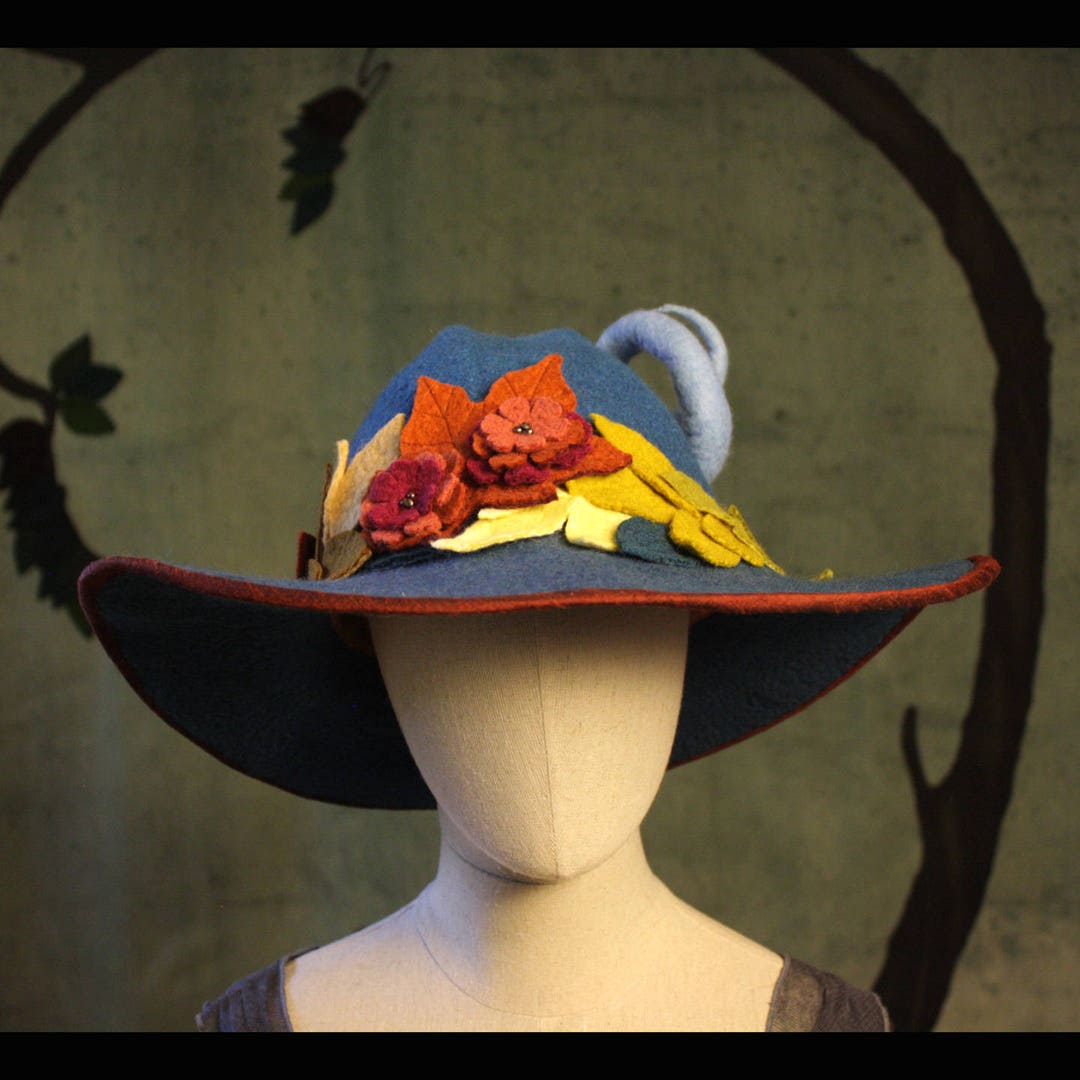 Blue Topaz Witch Hat With Leaves and Curly Point Hand Felted Merino ...