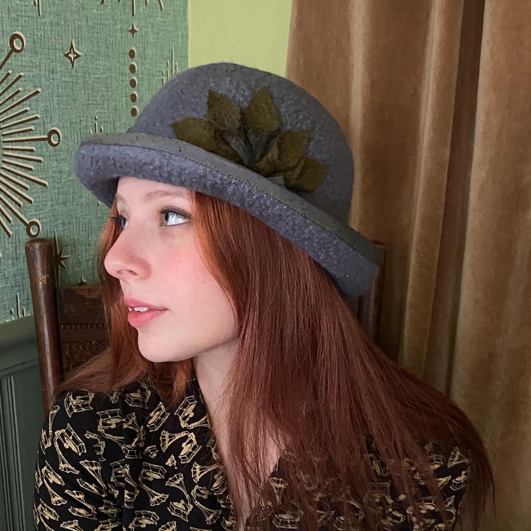 Steel Grey Asymmetrical Derby Hat With Seedpod, Leaf, Flowers on Side ...