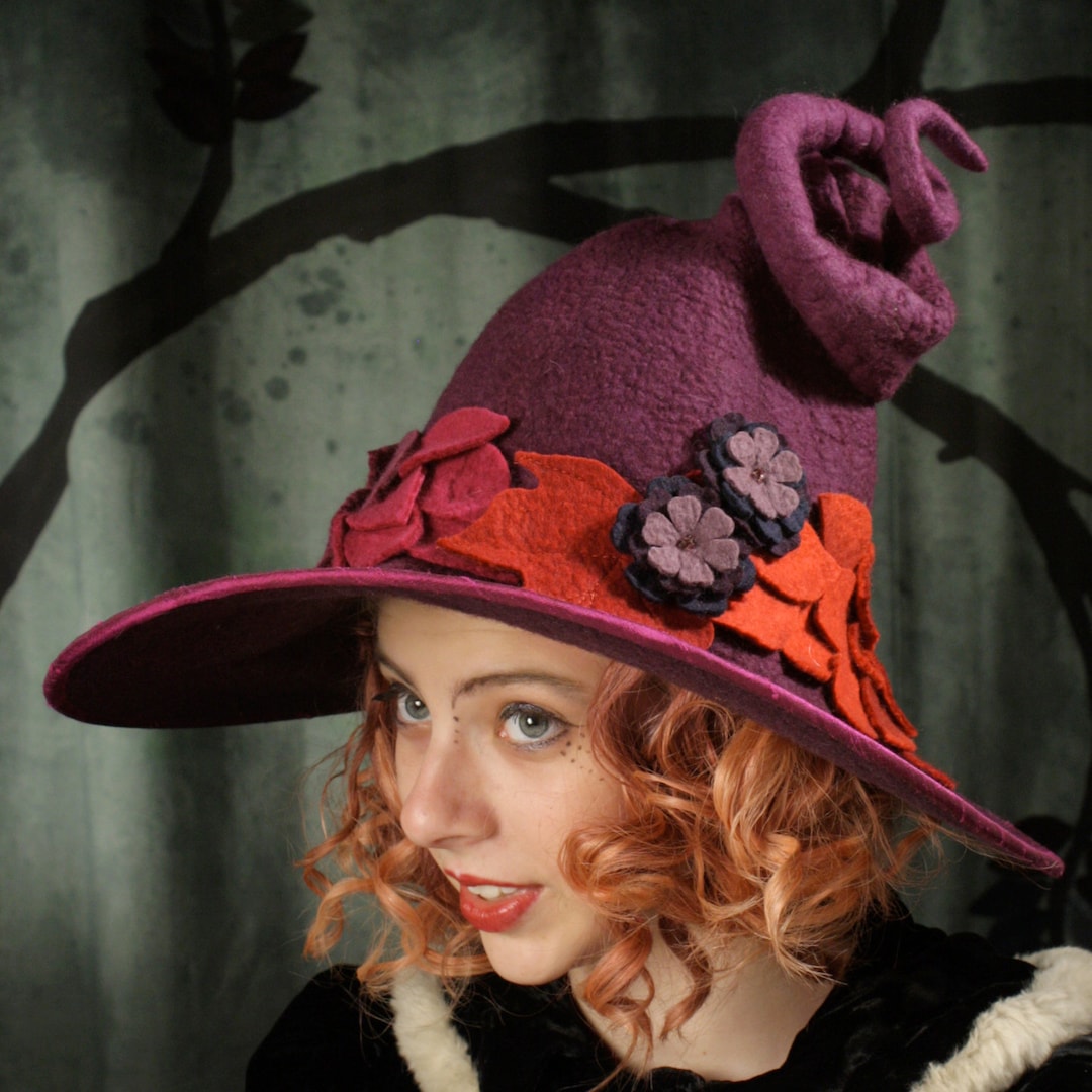 Fancy Purple Witch Hat With Leaves and Curly Point - Hand Felted Merino ...