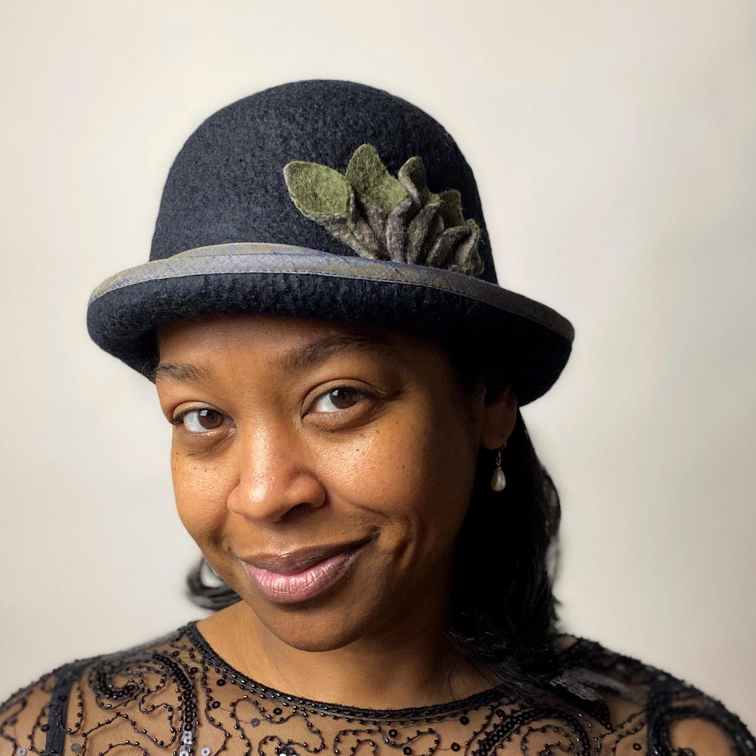 Black Asymmetrical Derby Hat With Seedpod, Leaf, Flowers on Side - Hand ...
