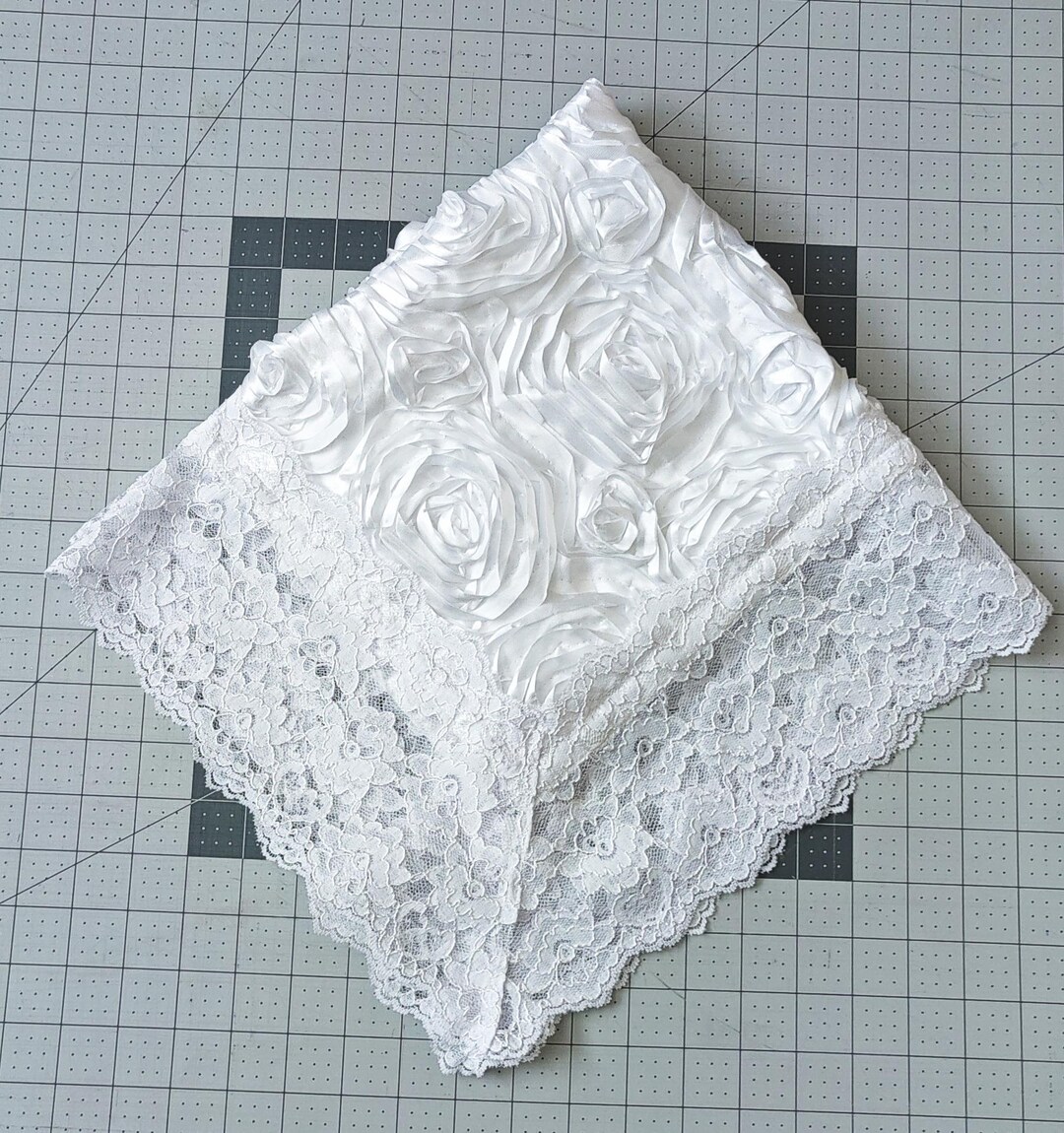 Elegant All White Rosette Handkerchief in White Trimmed Lace ...